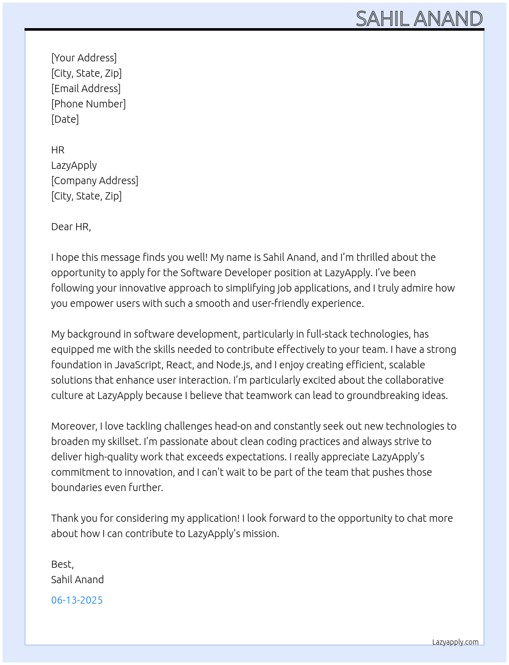 Cover letter for lazyapply - LazyApply