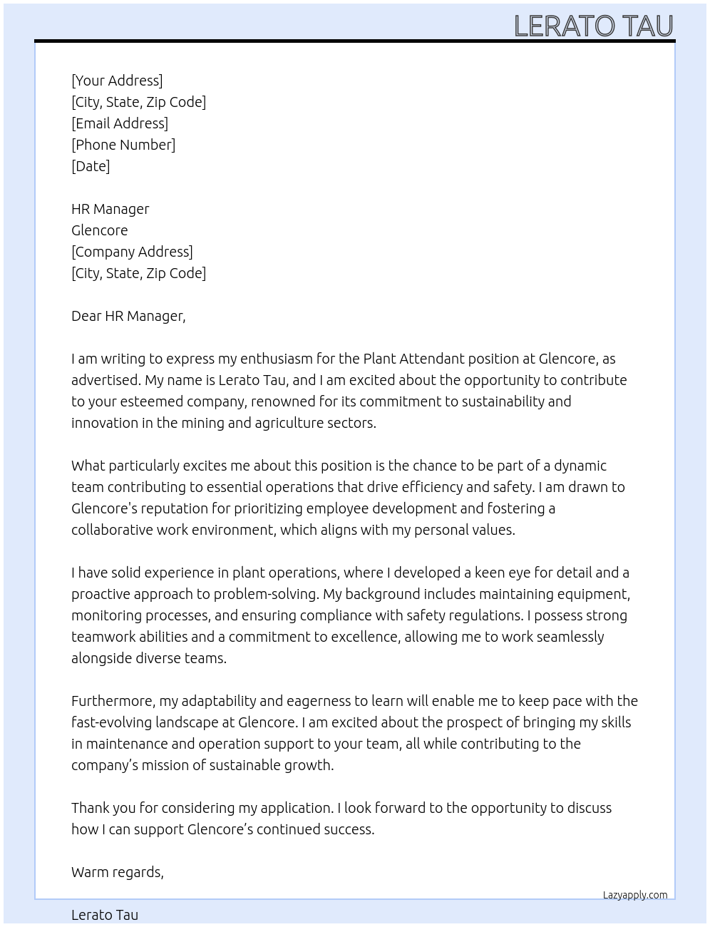 Cover letter for plant attendant - LazyApply