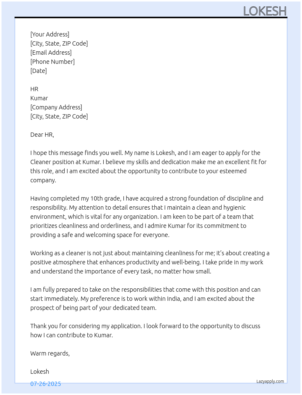 Cover letter for cleaner - LazyApply