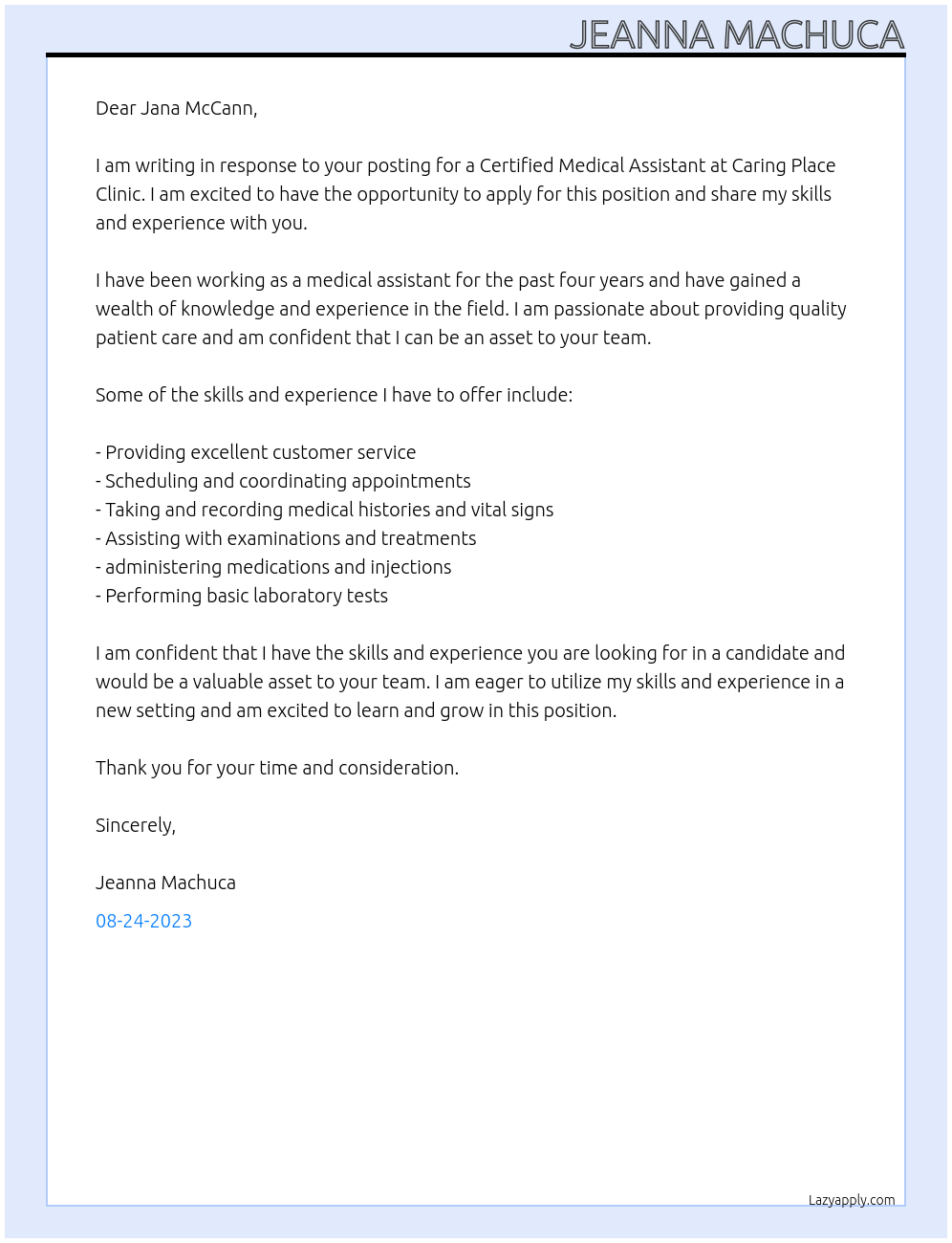 Cover letter for certified medical assistant - LazyApply