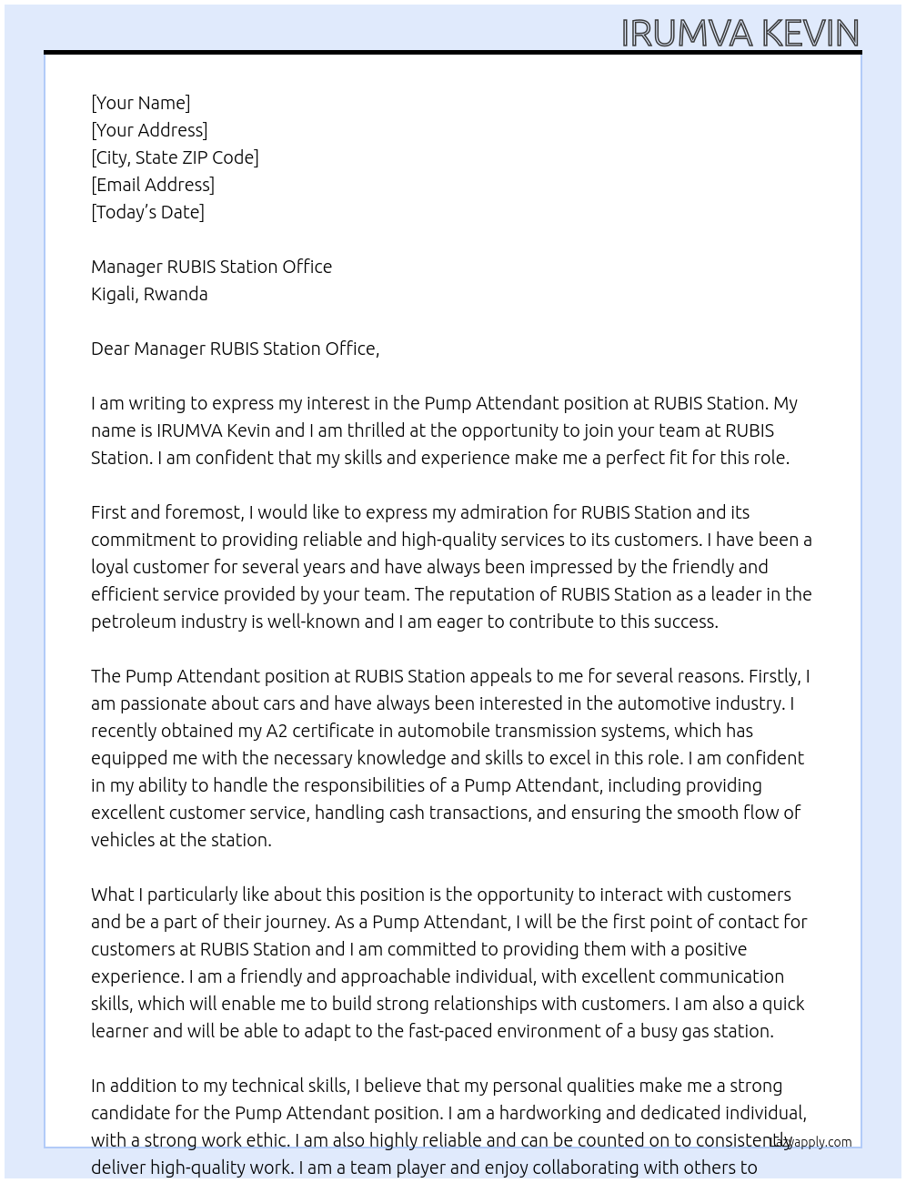 Cover letter for pump attendant - LazyApply