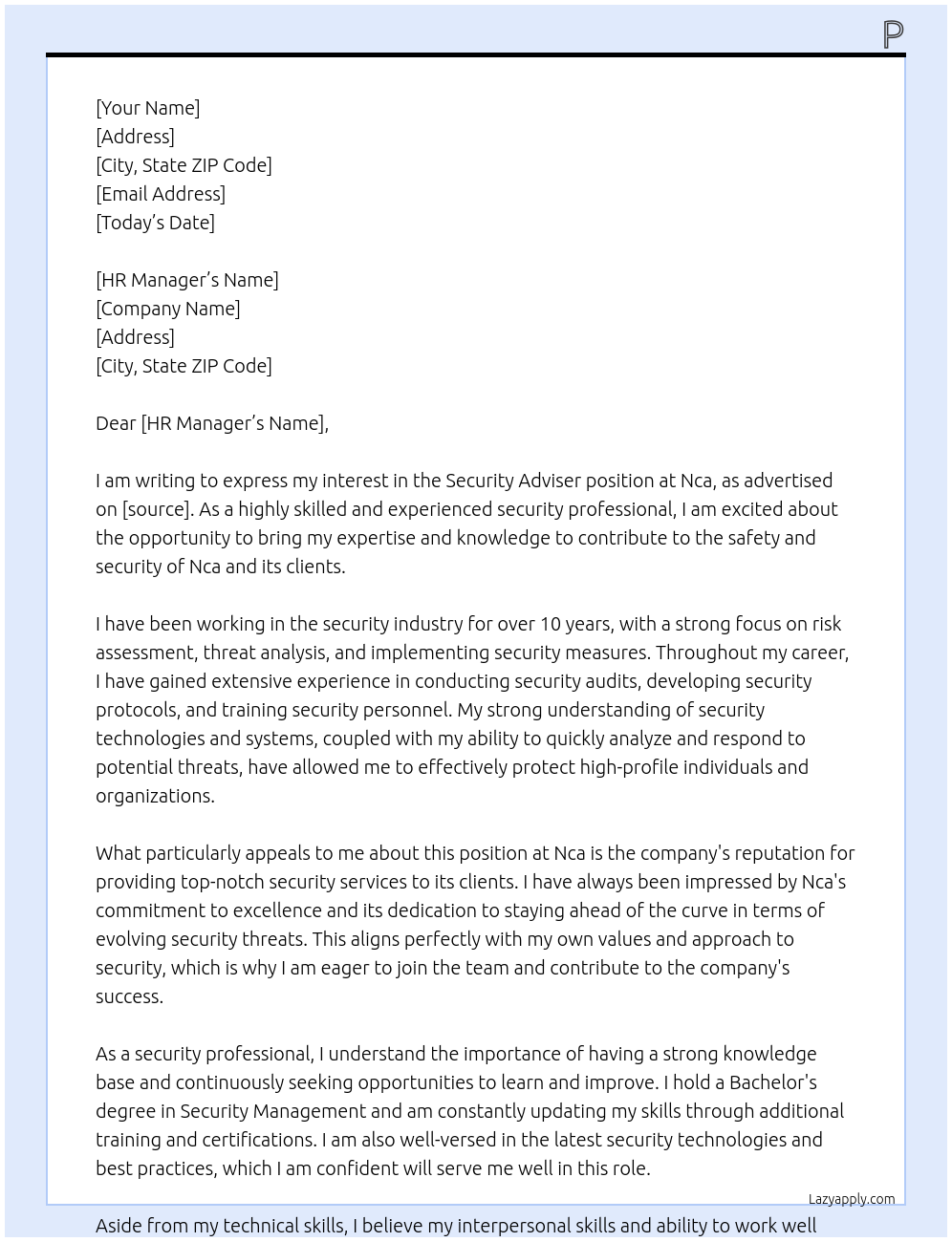 Cover letter for security adviser - LazyApply