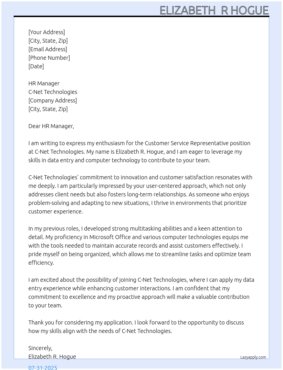 Cover letter for customer service rep/ data entry - LazyApply