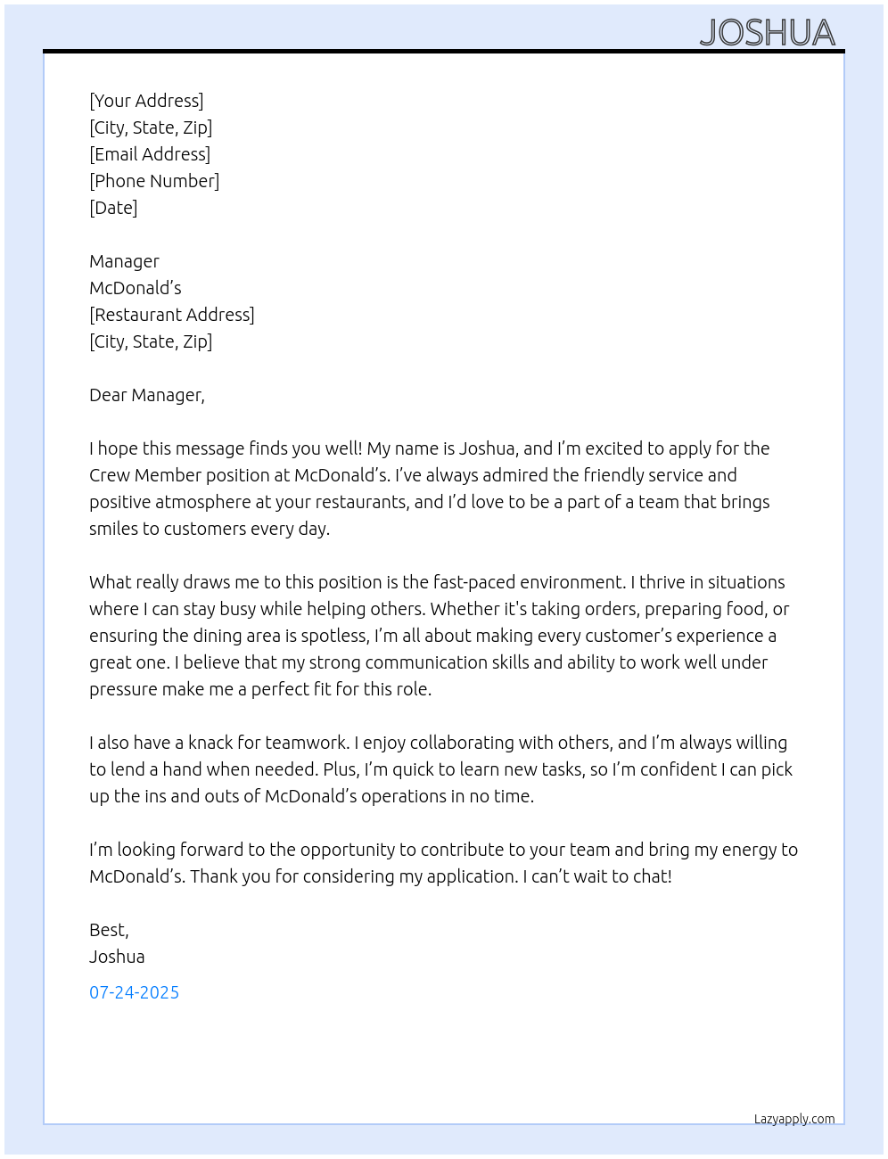 Cover letter for crew member mcdonald’s - LazyApply