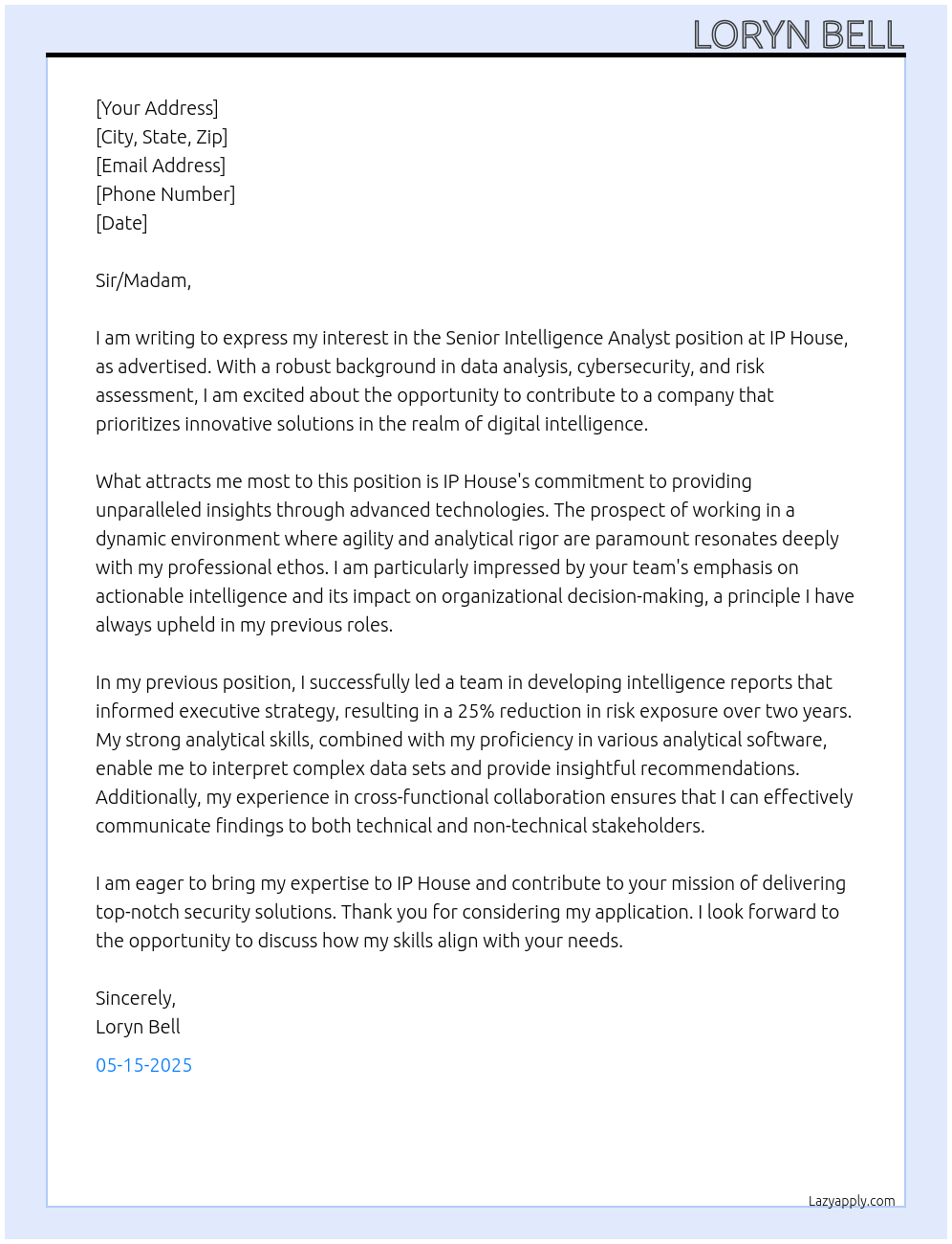 Cover letter for senior intelligence anlayst - LazyApply