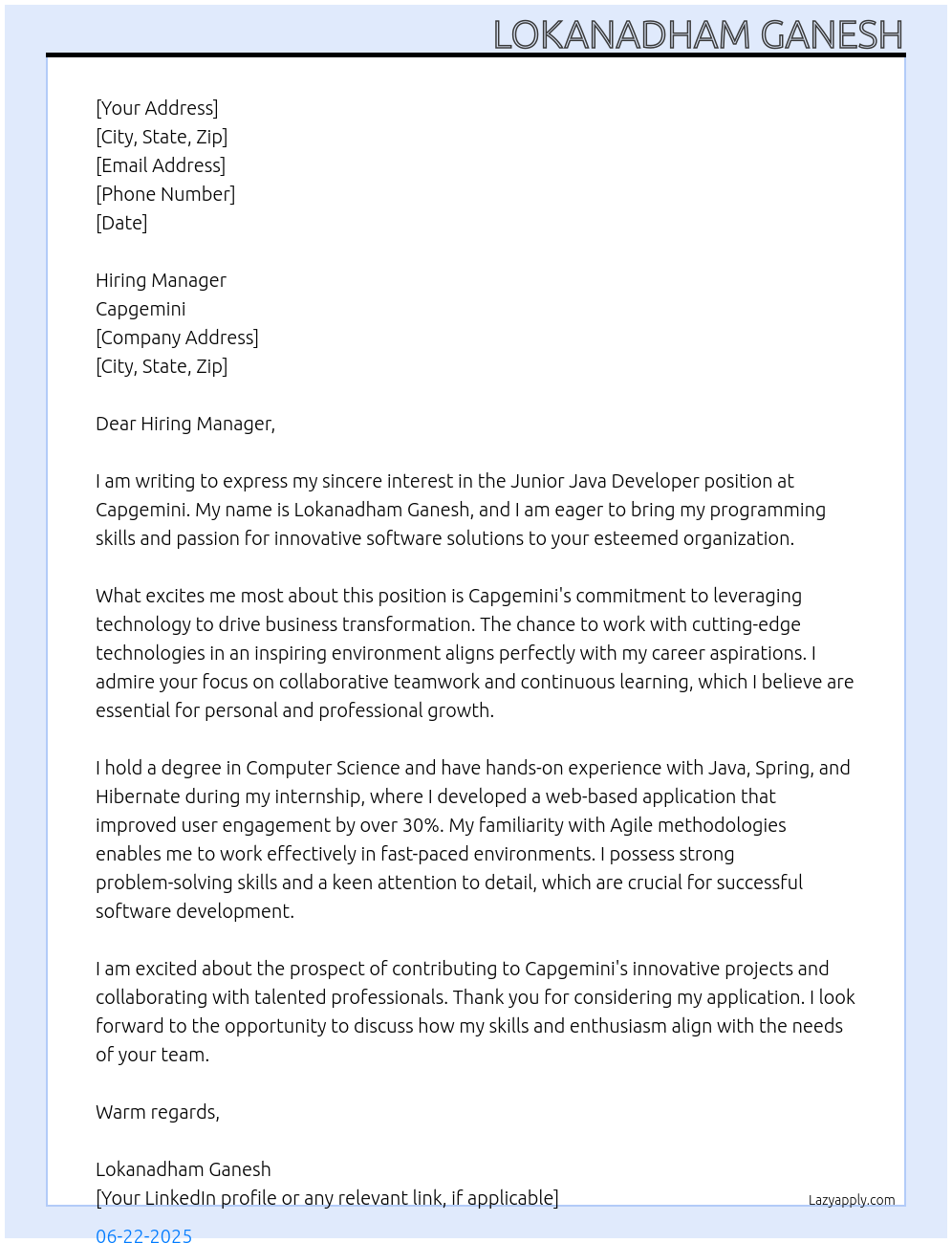 Cover letter for Capgemini - LazyApply