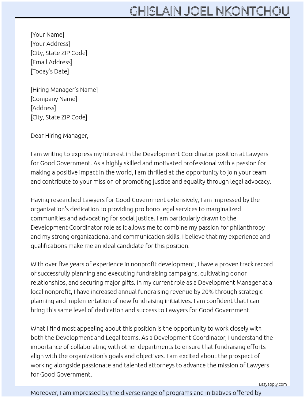 Cover letter for development coordinator - LazyApply
