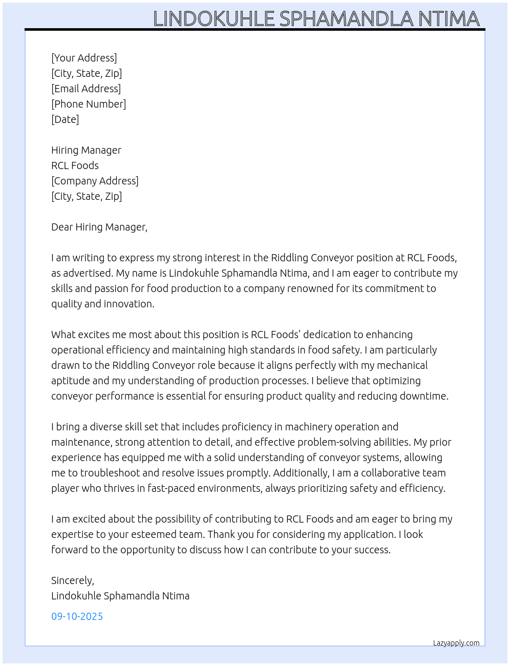 Cover letter for riddling conveyor - LazyApply