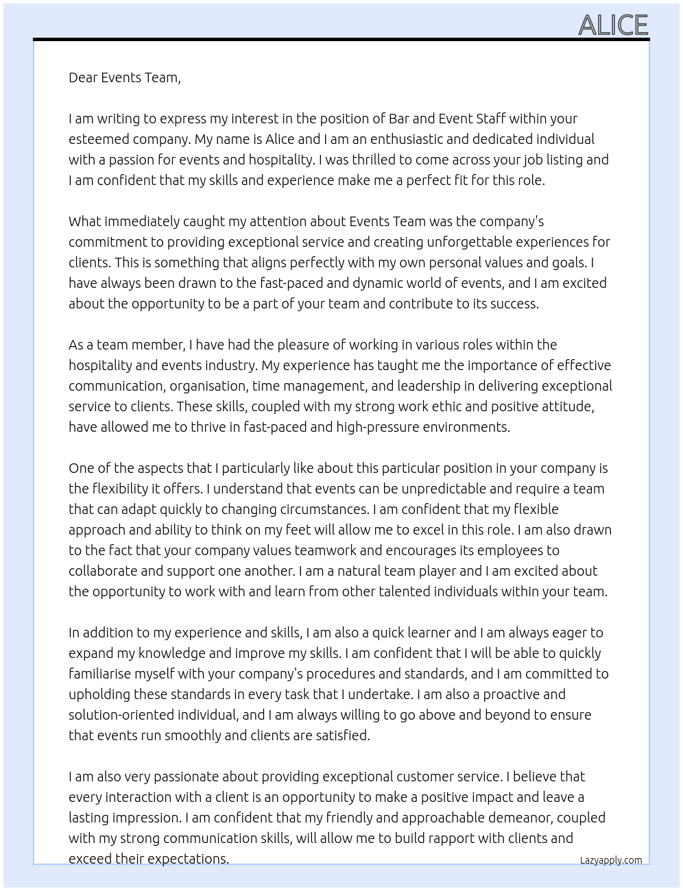 Cover letter for bar and event staff - LazyApply