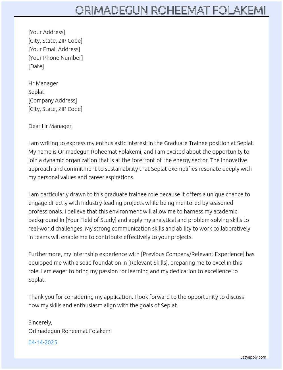 Cover letter for graduate trainee - LazyApply