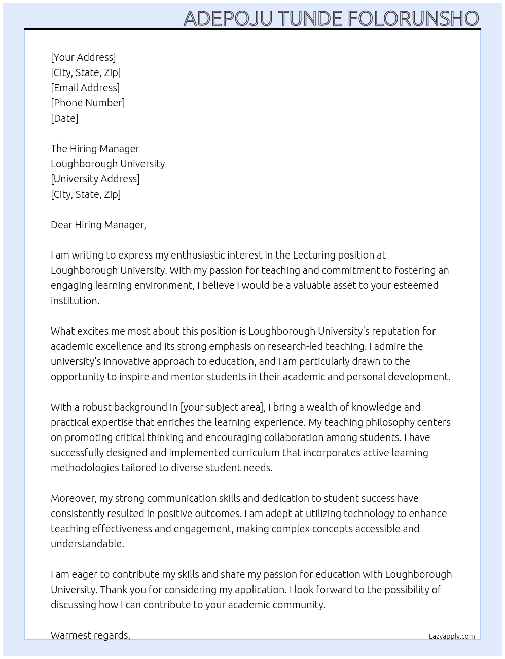 Cover letter for lecturing - LazyApply