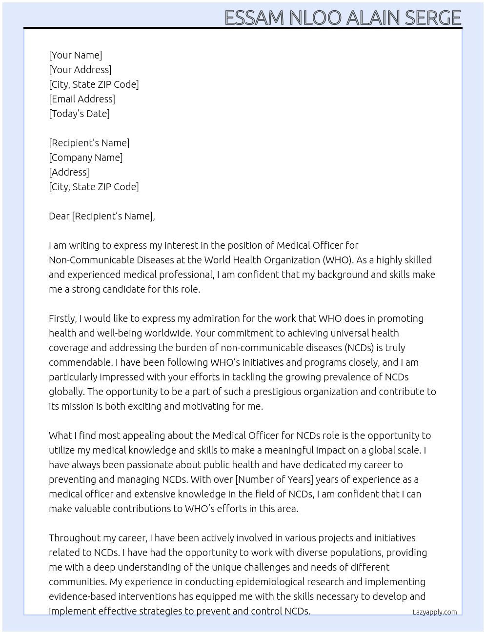 Cover letter for medical officier non communicable diseases - LazyApply