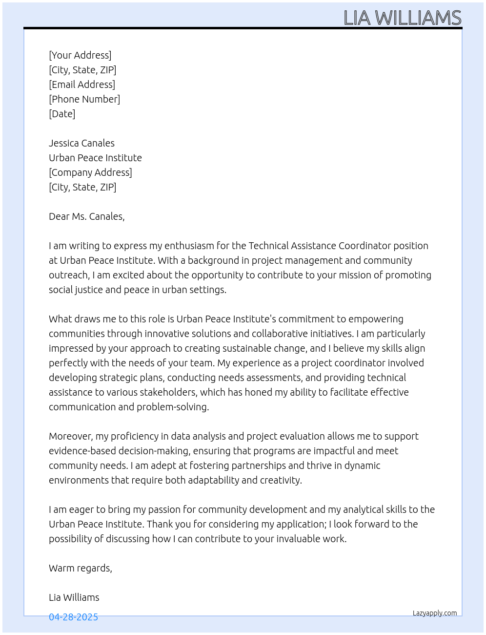 Cover letter for technical assistance coordinator - LazyApply