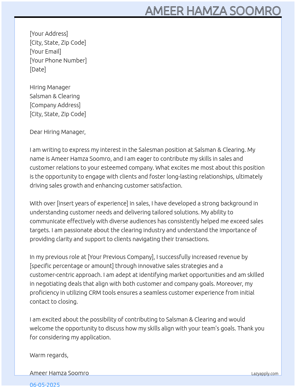 Cover letter for salsman & clearing - LazyApply