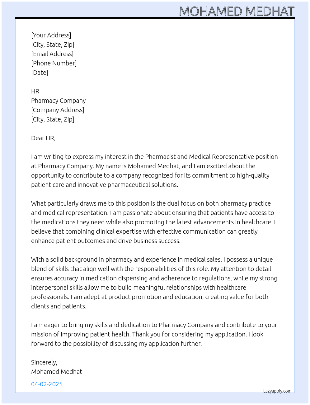 Cover letter for pharmacist and medical representative - LazyApply