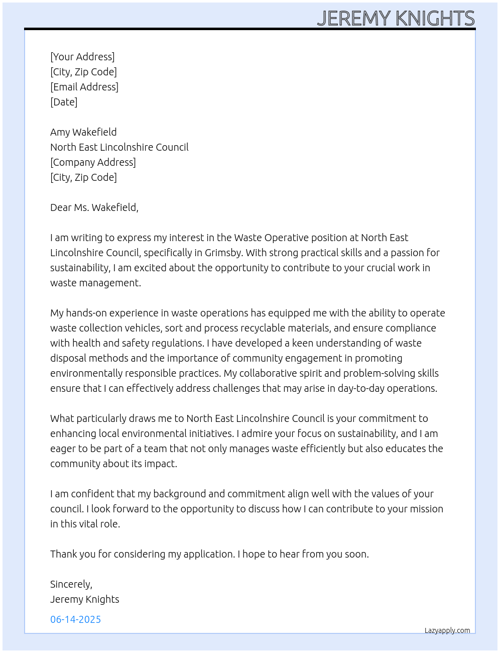 Cover letter for waste operative - LazyApply