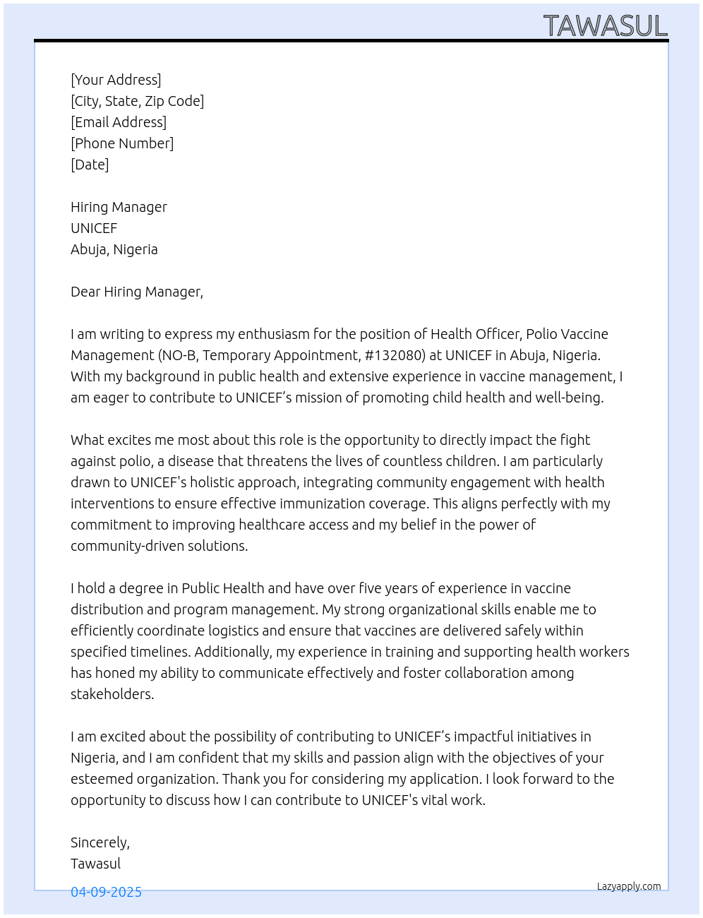 Cover letter for unicef - LazyApply