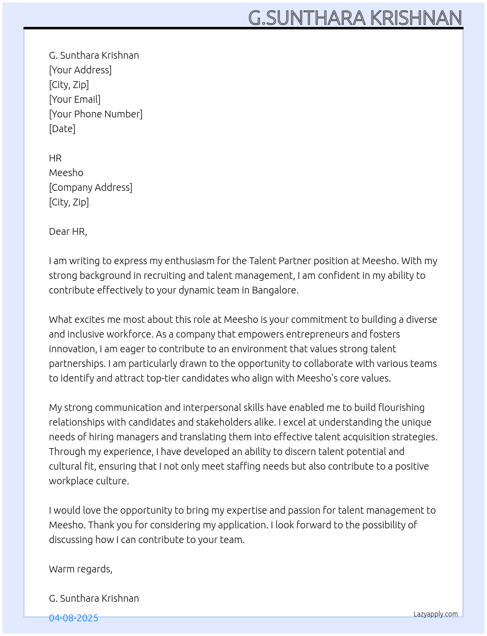 Cover letter for talent partner - LazyApply