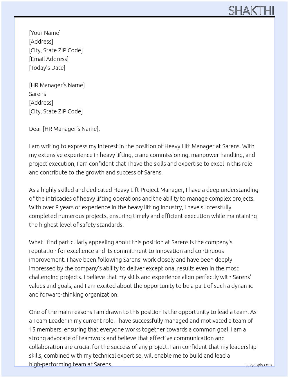 Cover letter for heavy lift manager - LazyApply
