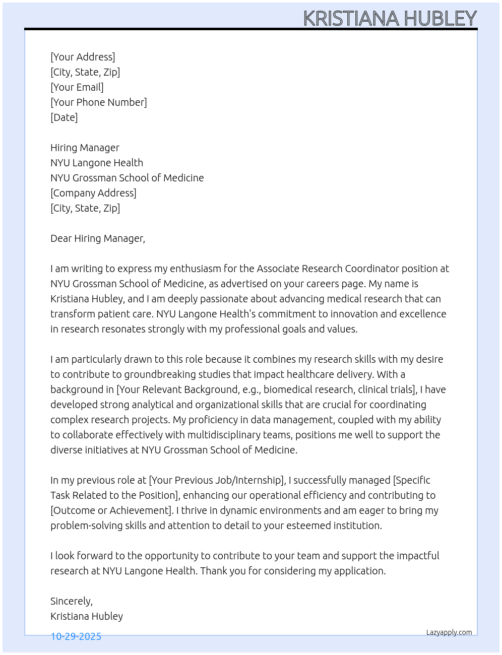 Cover letter for associate research coordinator - LazyApply