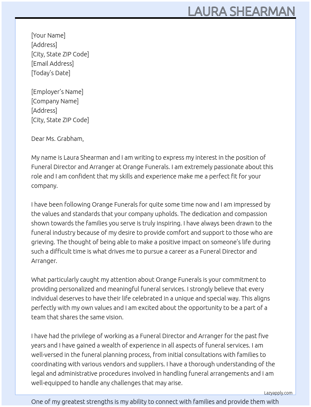 Cover letter for funeral director and arranger - LazyApply