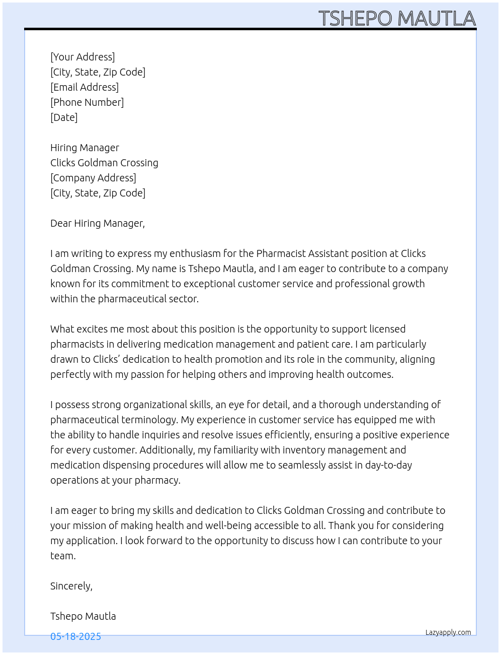 Cover letter for pharmacist assistant qpb - LazyApply