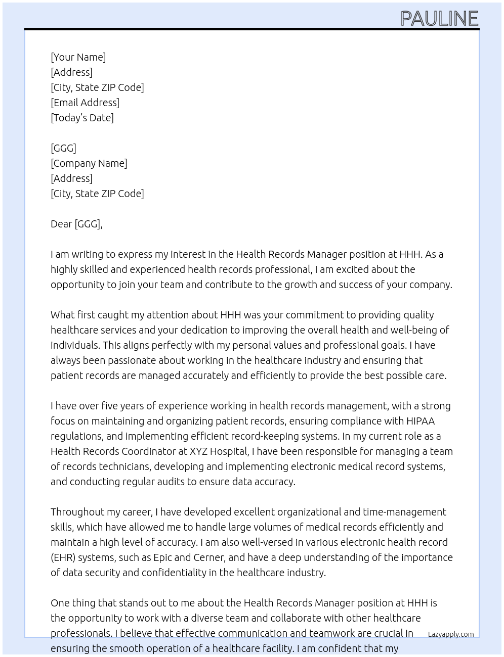Cover letter for health records manager - LazyApply