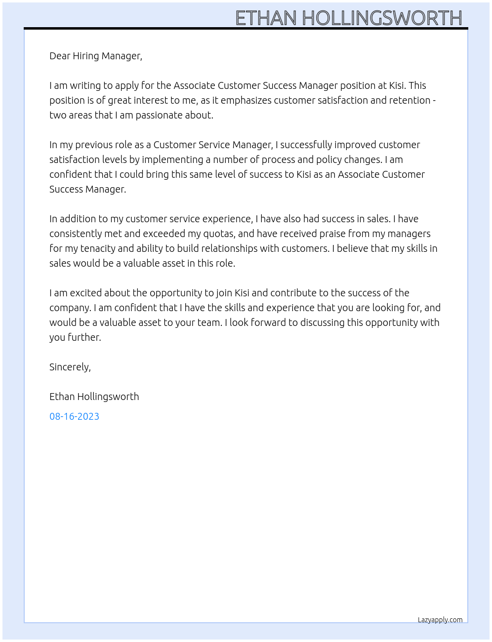 Cover letter for associate customer success manager - LazyApply