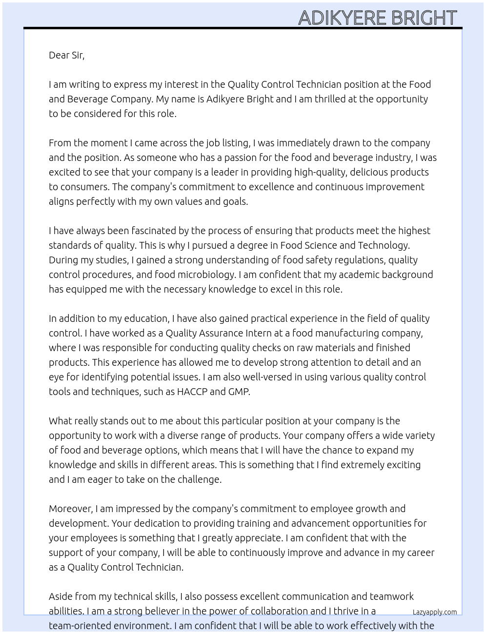 Cover letter for quality control technician - LazyApply