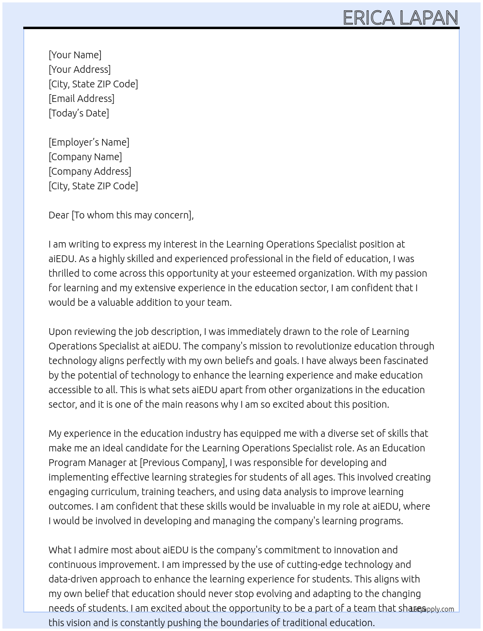 Cover letter for learning operations specialist - LazyApply