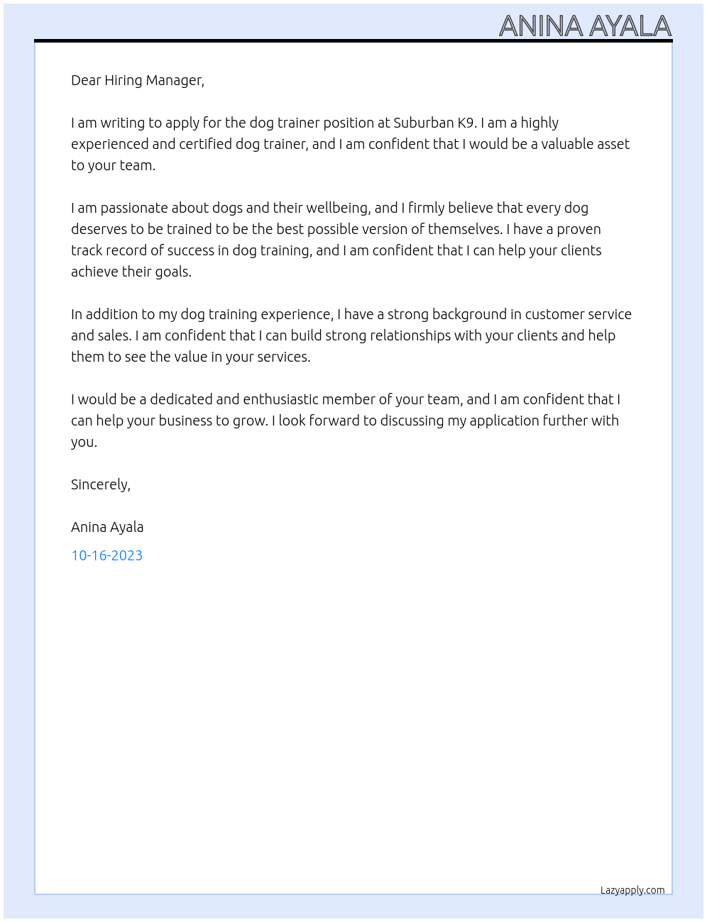 Cover letter for dog trainer - LazyApply