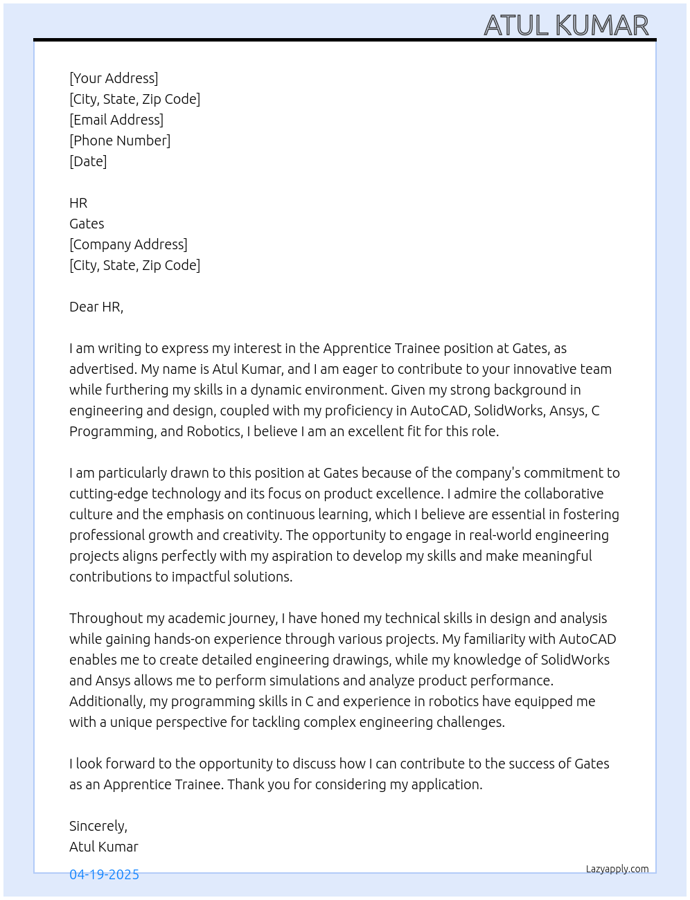 Cover letter for apprentice trainee - LazyApply