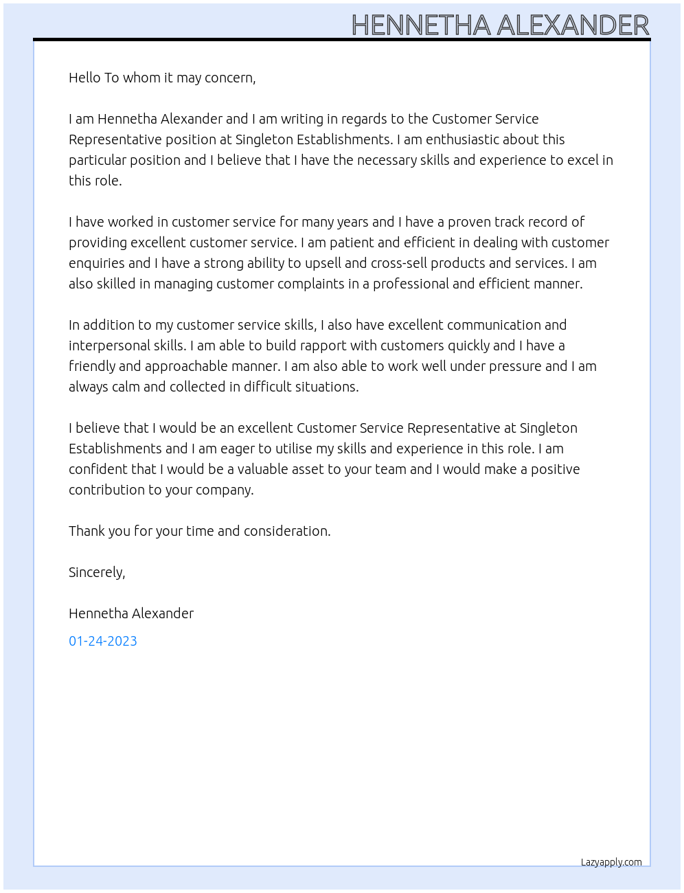 Cover Letter For Customer Service Representative LazyApply