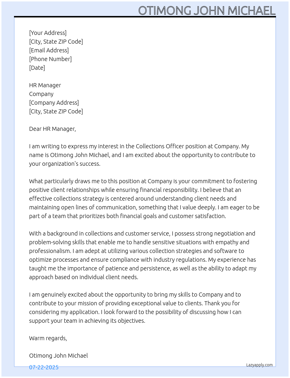Cover letter for collections officers - LazyApply