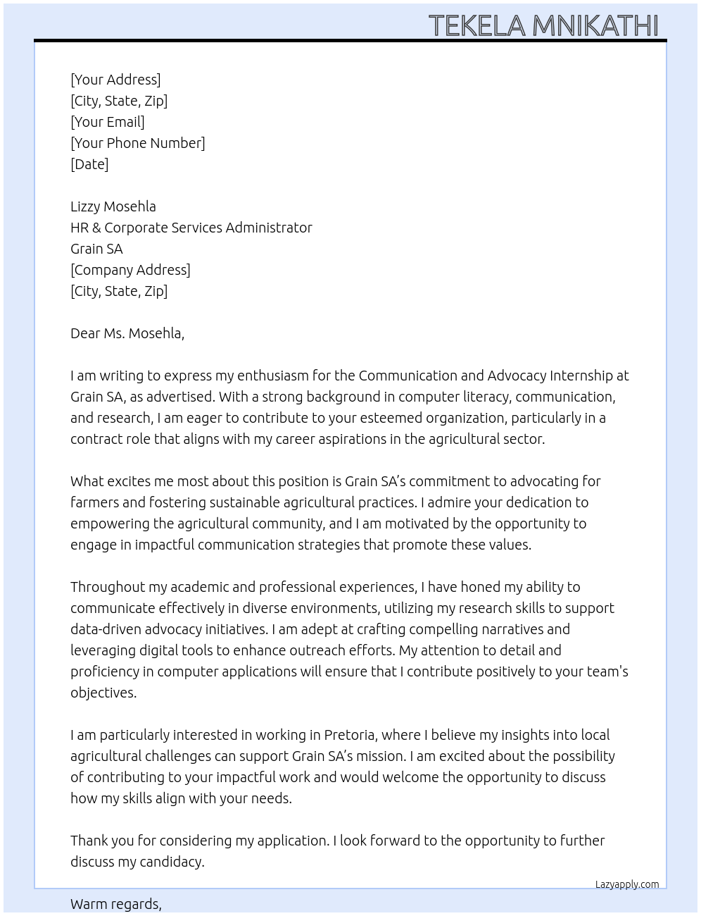 Cover letter for communication and advocacy internship - LazyApply