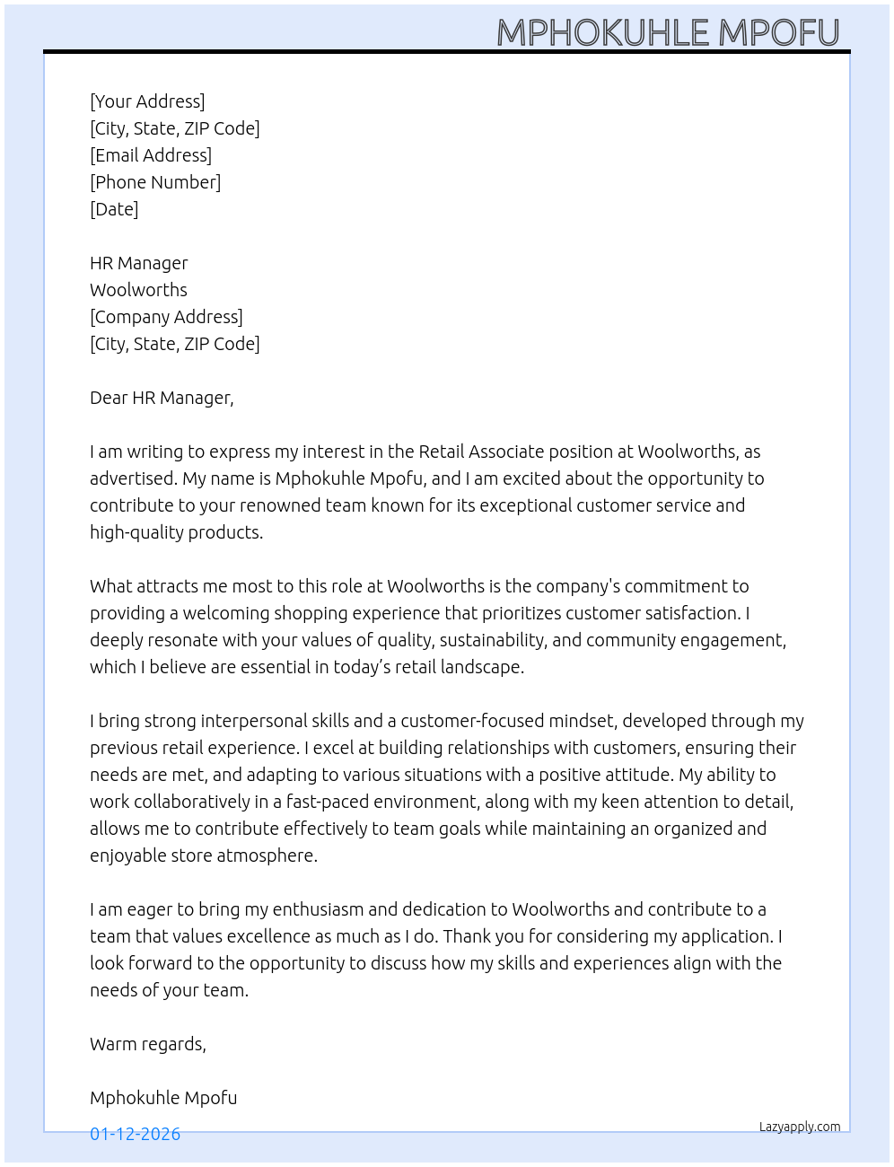 Cover letter for as a retail associate - LazyApply