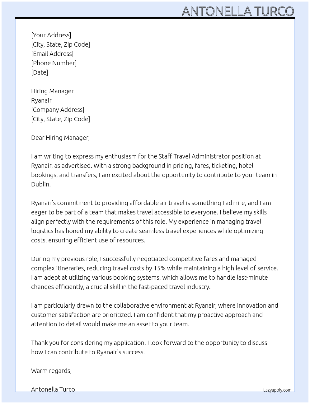 Cover letter for staff travel administrator - LazyApply