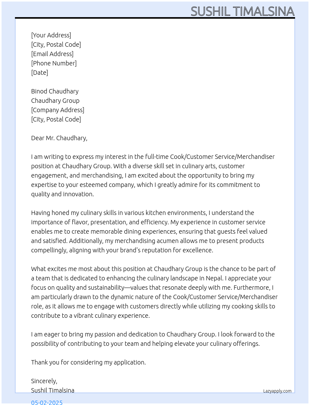 Cover letter for cook/customer service/ merchandiser - LazyApply