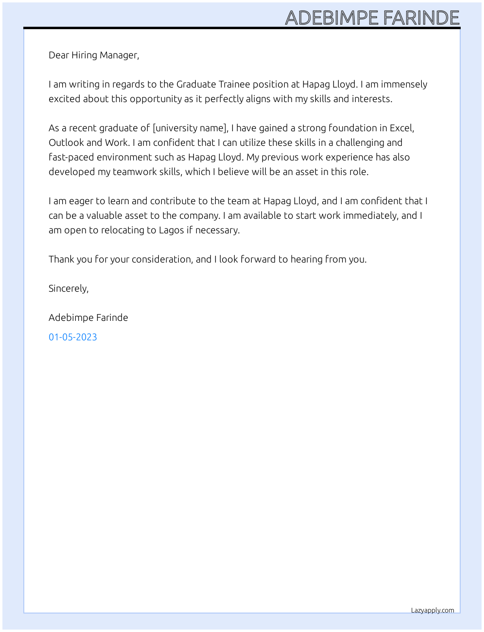 Cover Letter For Graduate Trainee LazyApply