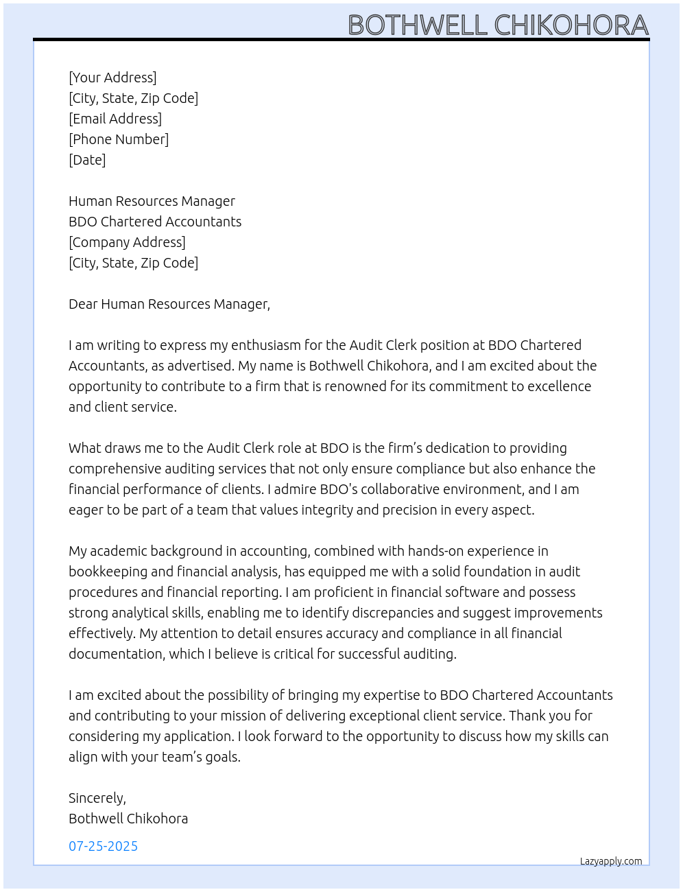 Cover letter for audit clerk - LazyApply
