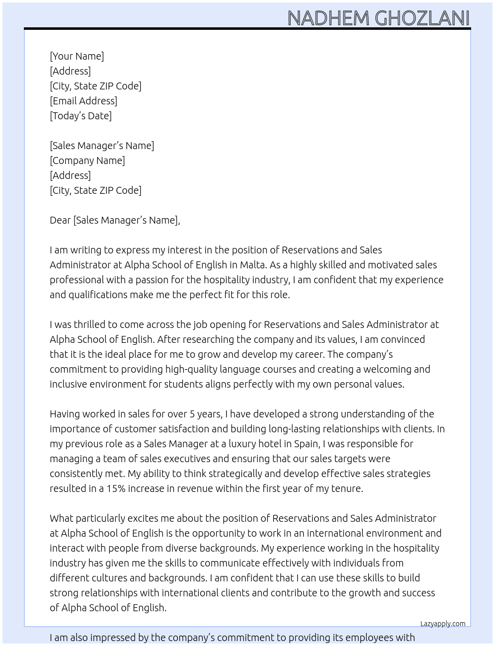 Cover letter for reservations and sales administrator - LazyApply