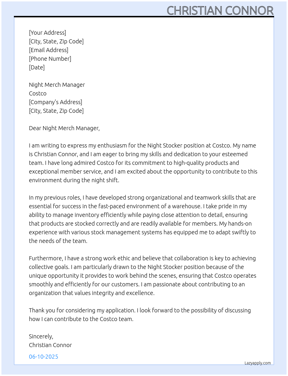 Cover letter for night stocker - LazyApply