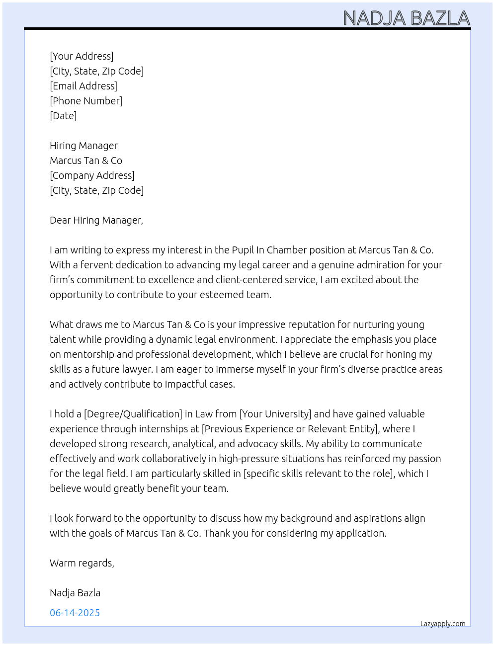 Cover letter for pupil in chamber - LazyApply