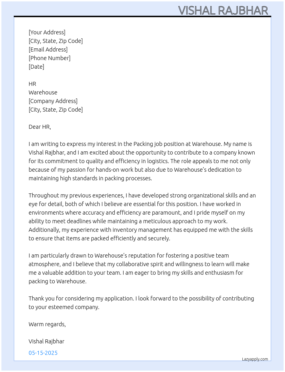 Cover letter for packing job - LazyApply