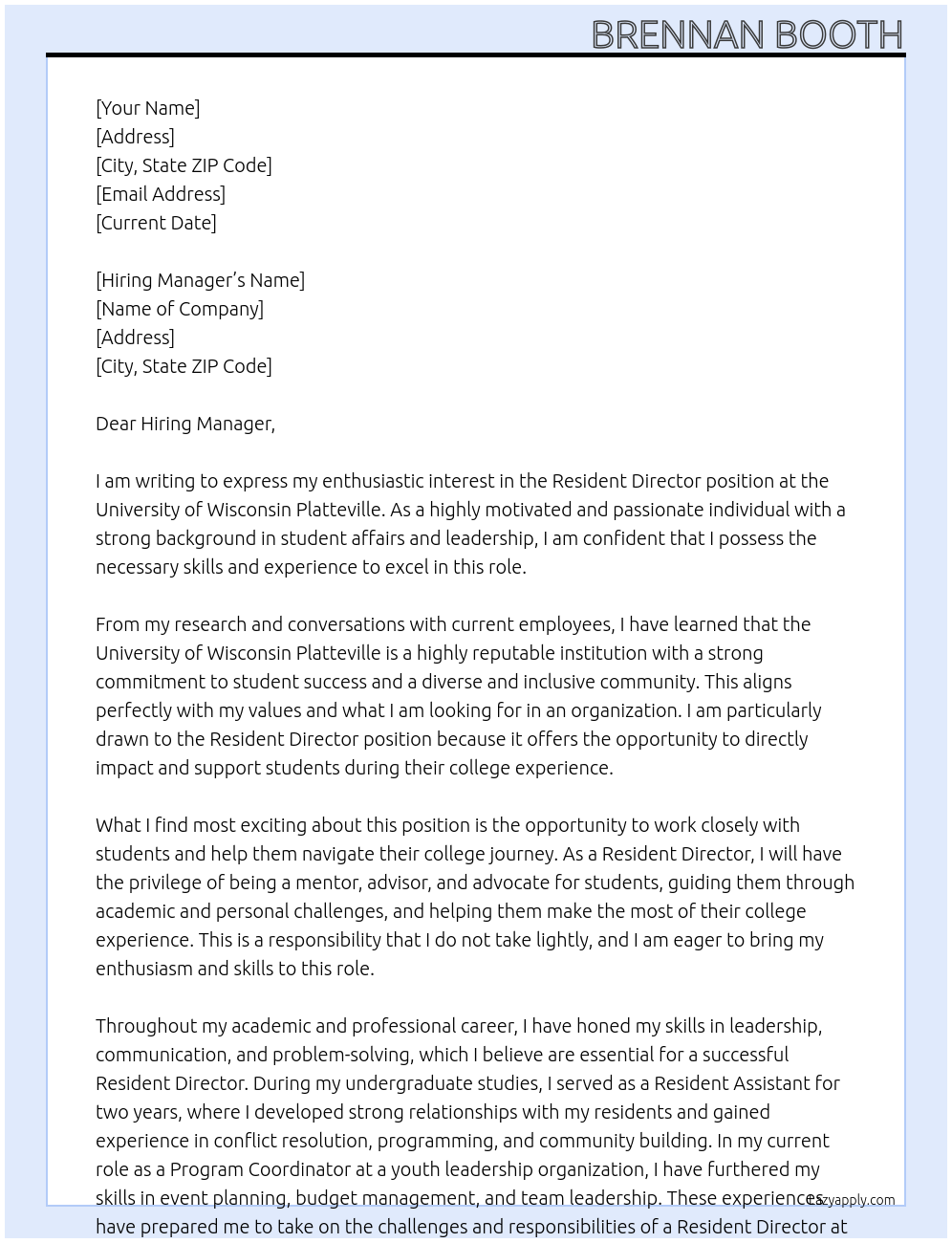 Cover letter for resident director - LazyApply