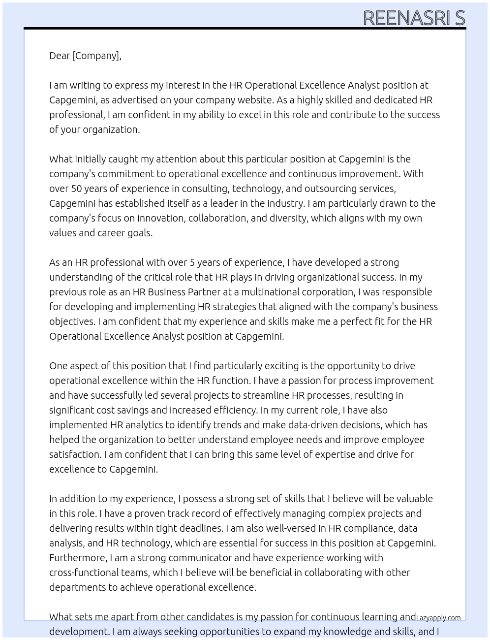 Cover letter for hr operational excellence analyst - LazyApply