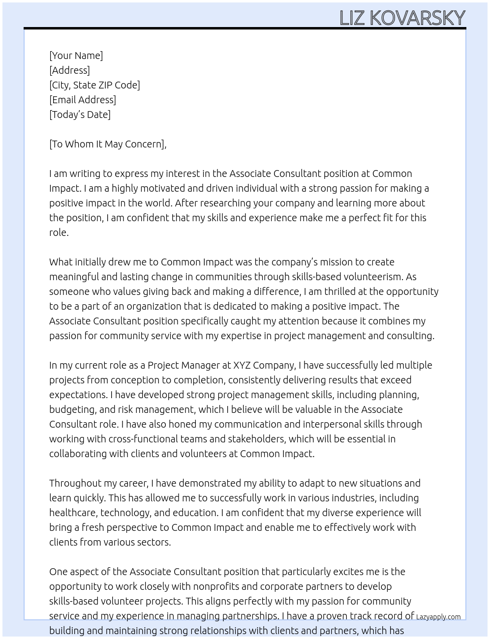 Cover letter for Associate Consultant - LazyApply