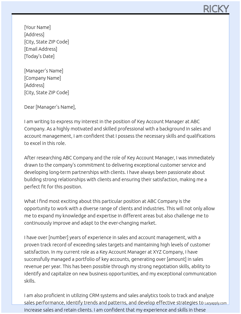 Cover letter for key account manager - LazyApply