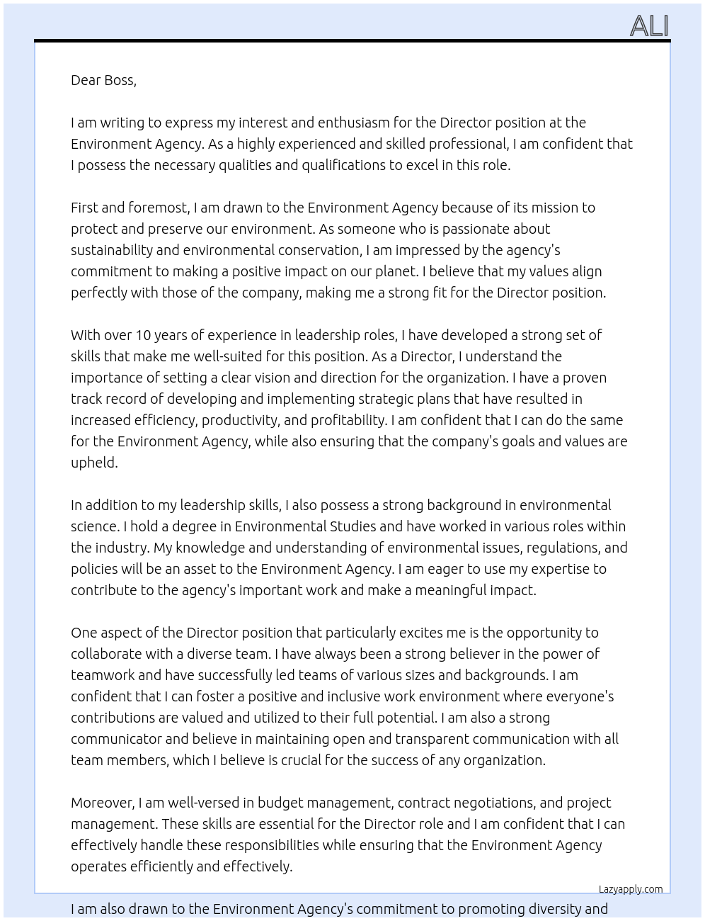 Cover letter for director - LazyApply
