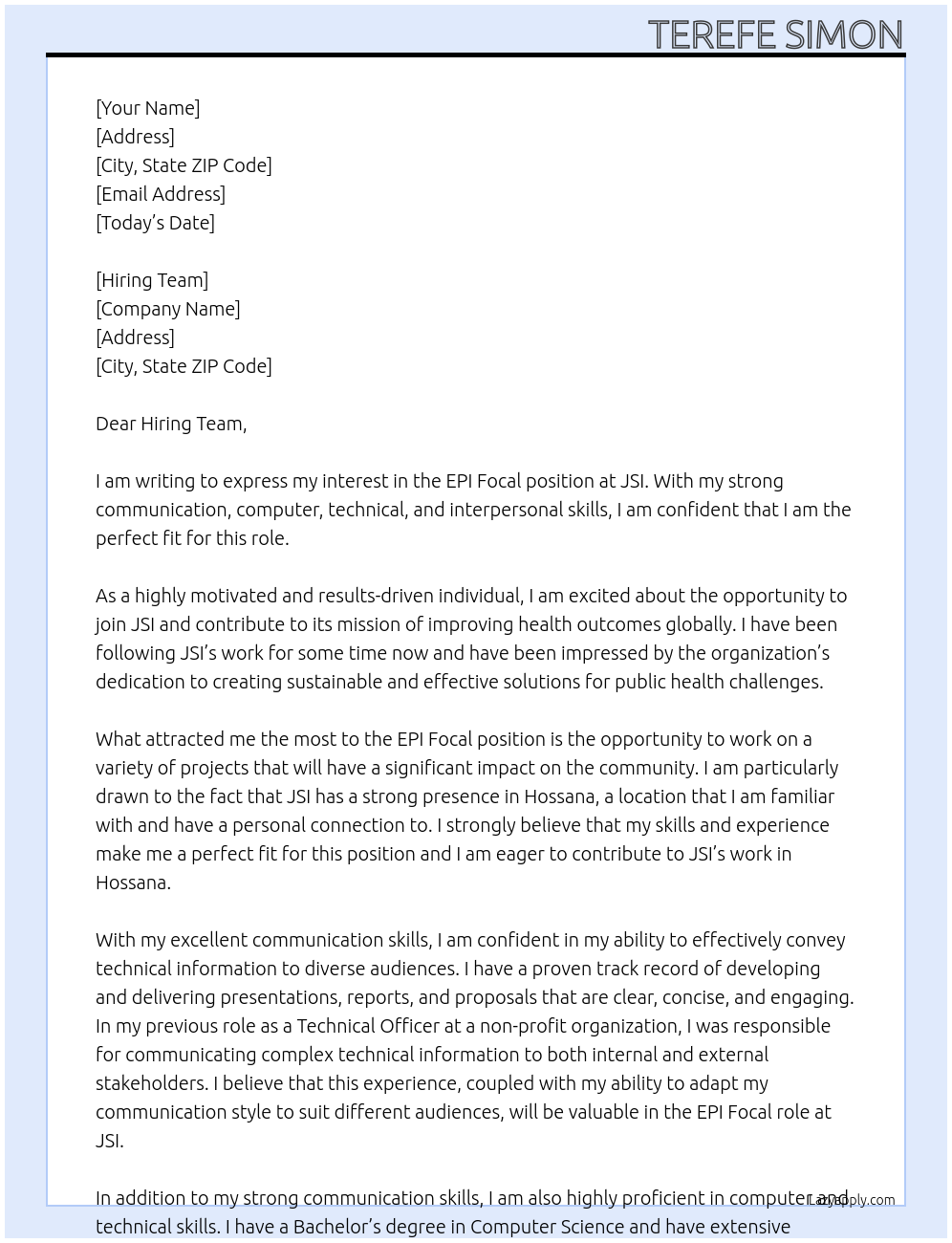 Cover letter for epi focal - LazyApply